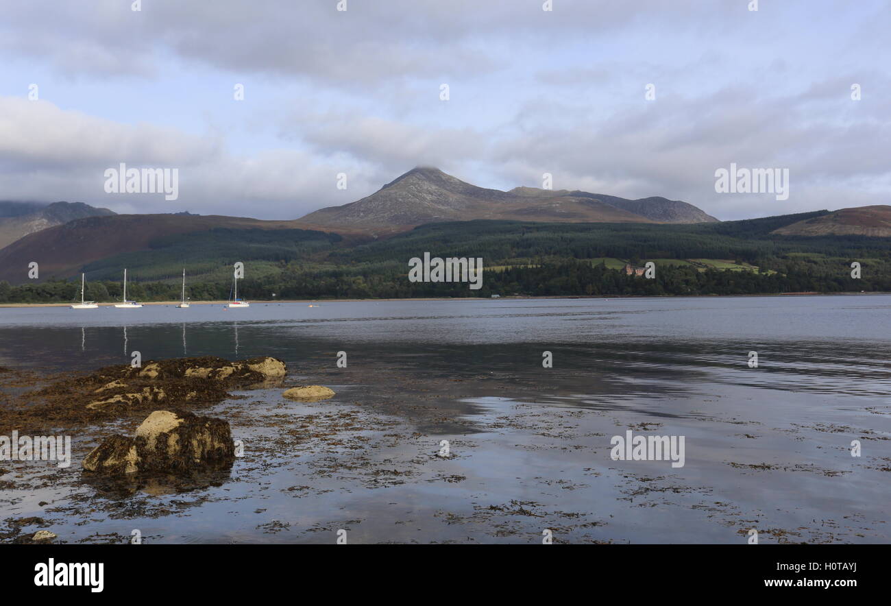 Goatfell and yachts in Brodick Bay Isle of Arran Scotland September ...