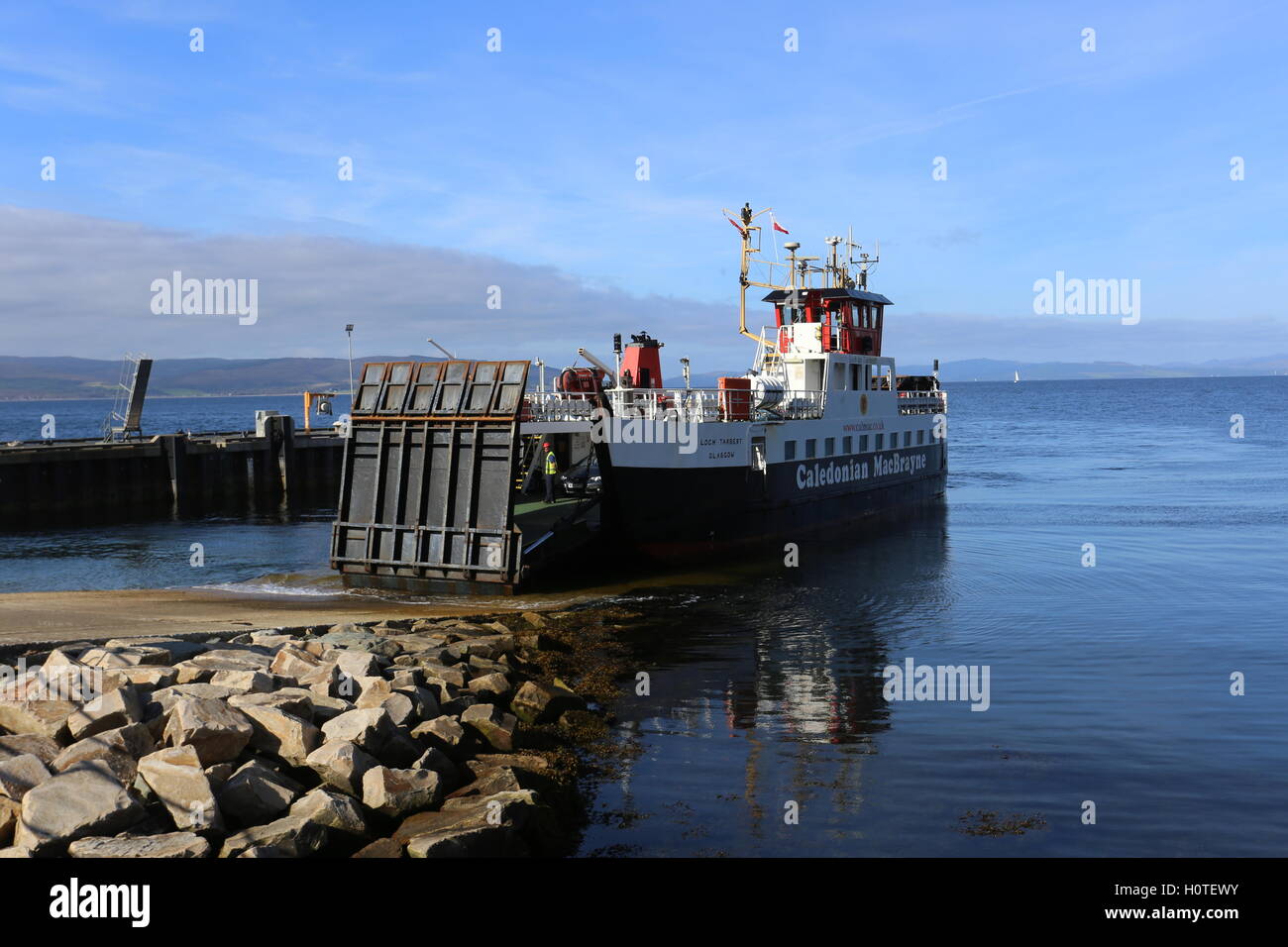 Calmac Ferry MV Loch Tarbet departing Lochranza Isle of Arran Scotland ...