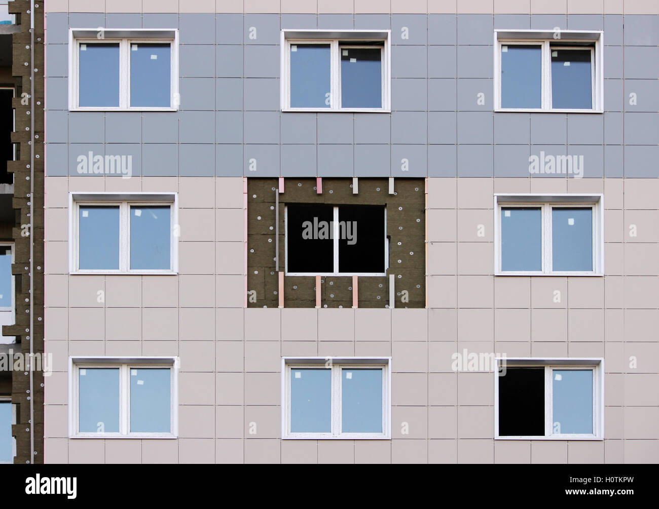 windows in a newly built house. wall structure with insulated non ...