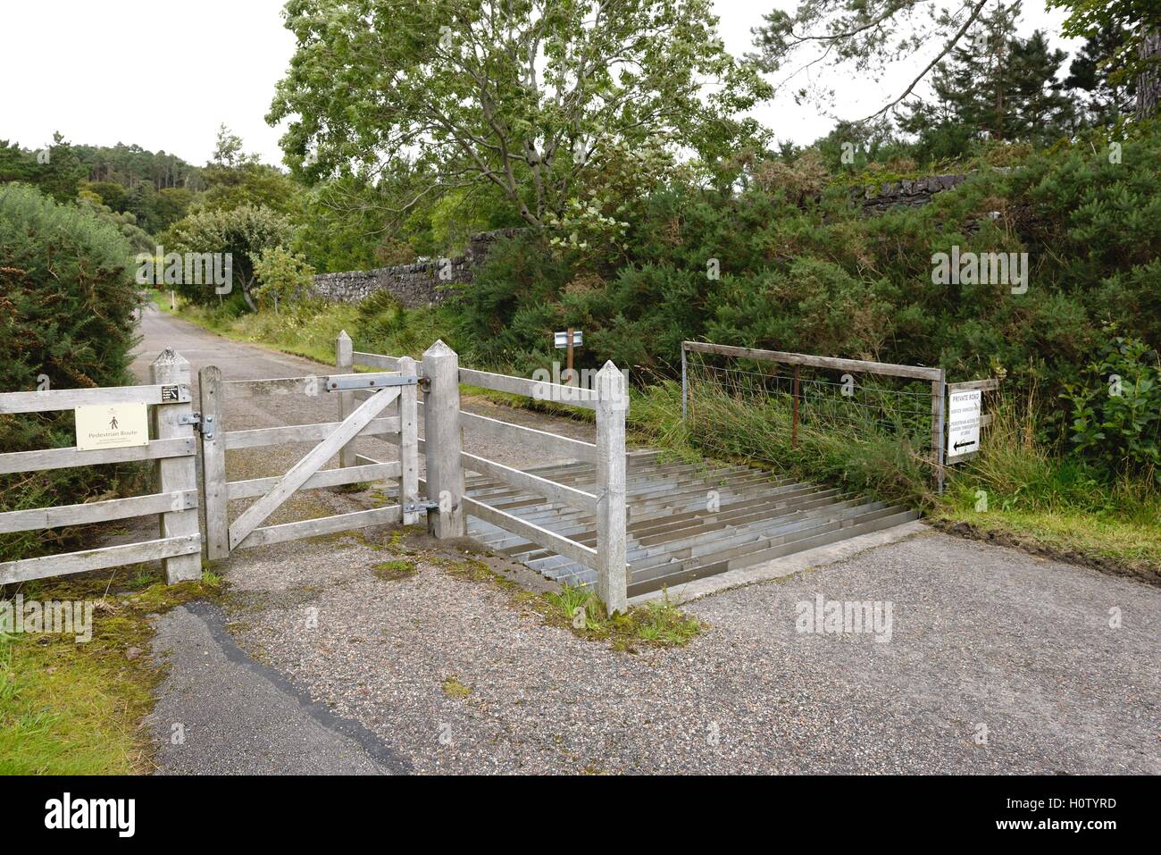 A cattle grid and wooden pedestrian gate on country road in Scotland ...
