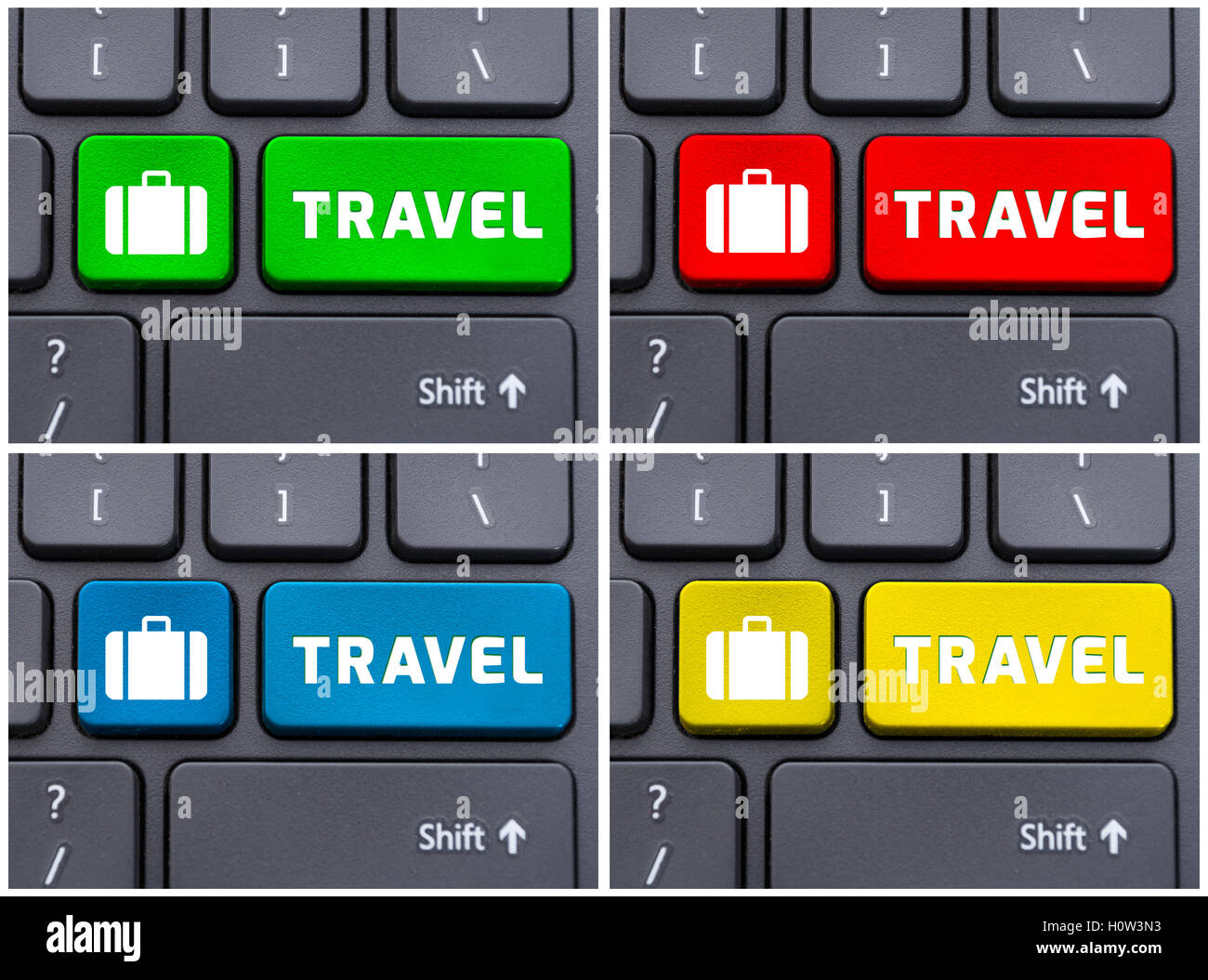 Four images of computer keyboard with travel button as online ...