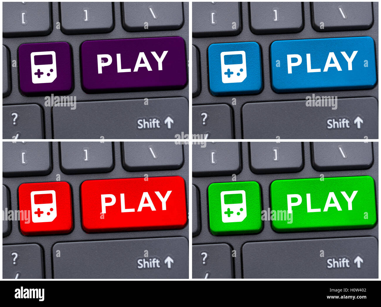 Collage photo with play buttons on different colors on laptop keyboard ...