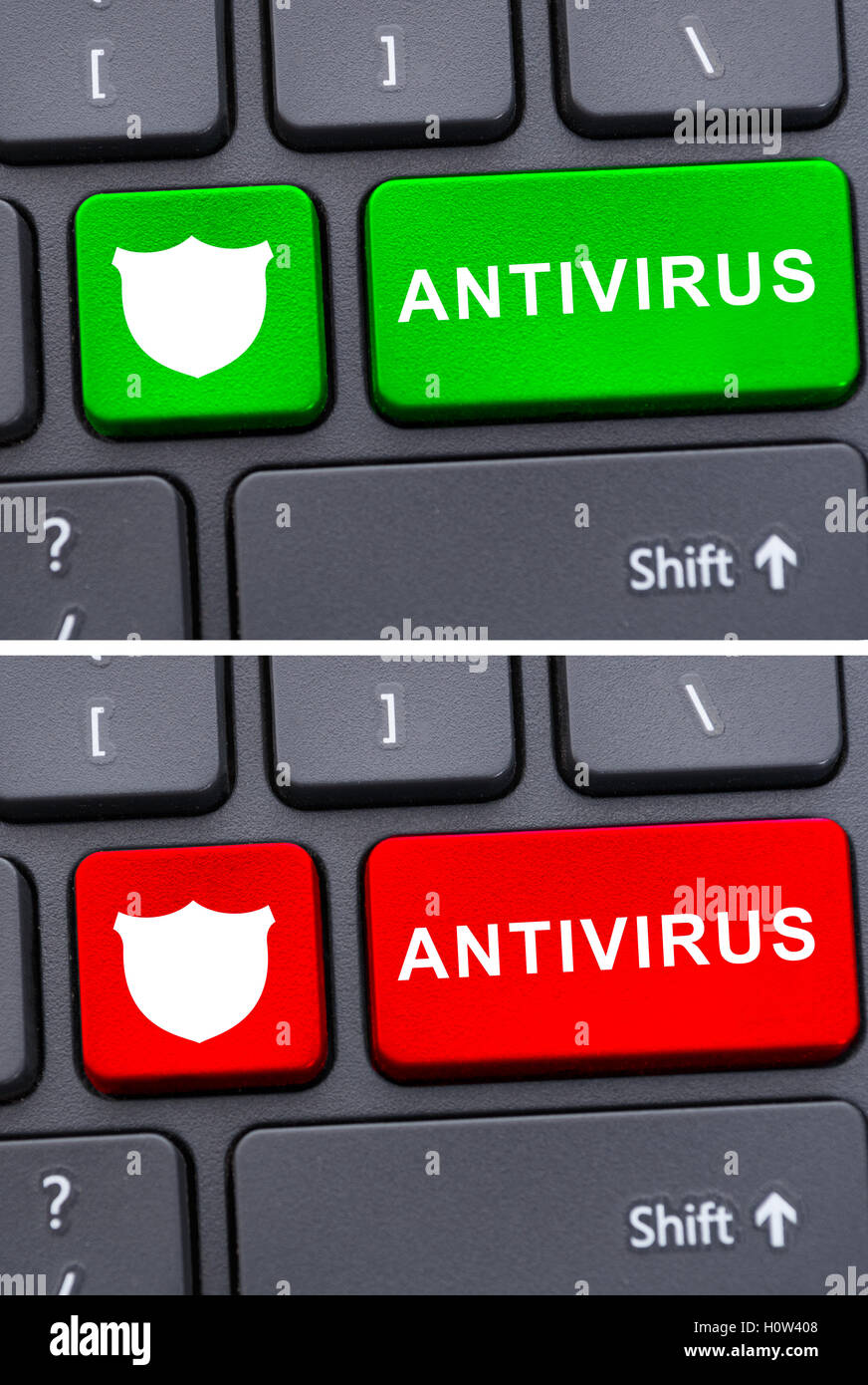 Close-up keyboard with antivirus button as malware protection concept ...