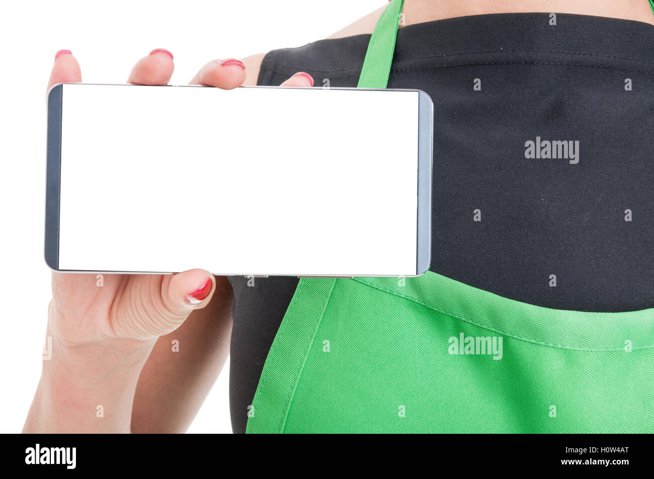 Close-up of employee hand with modern cellphone with blank display ...