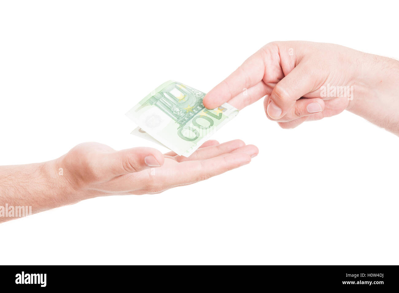 Male hand in close-up receiving bribe from another person isolated on ...