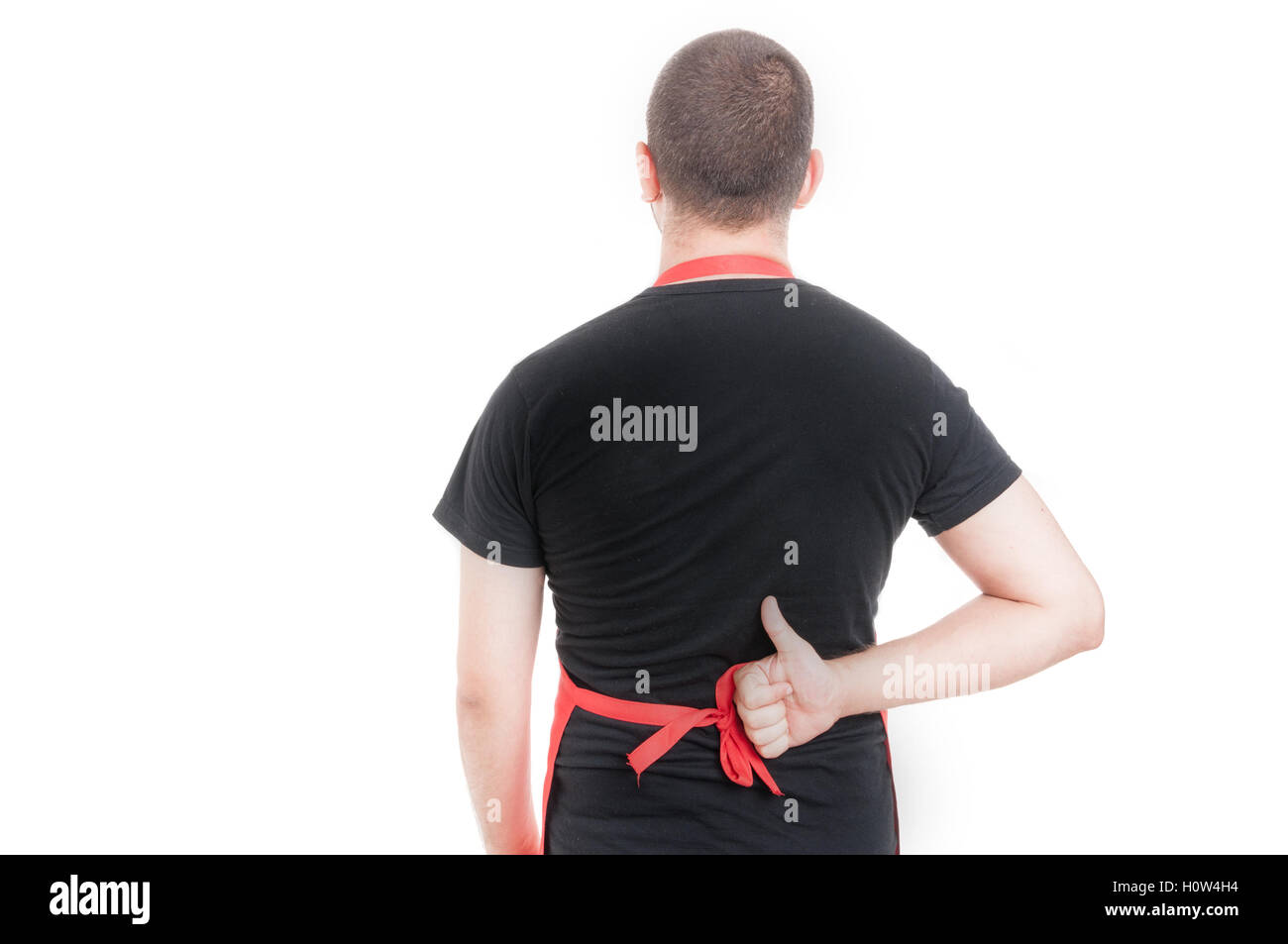 Male seller showing like sign on his back isolated on white background ...