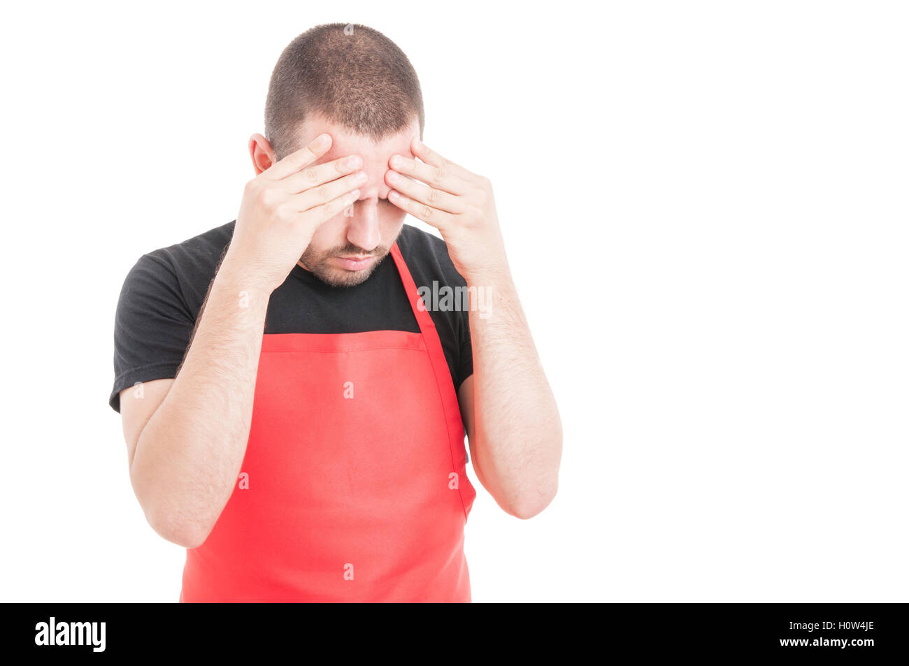 Hypermarket seller having headache as frustration or stress concept ...