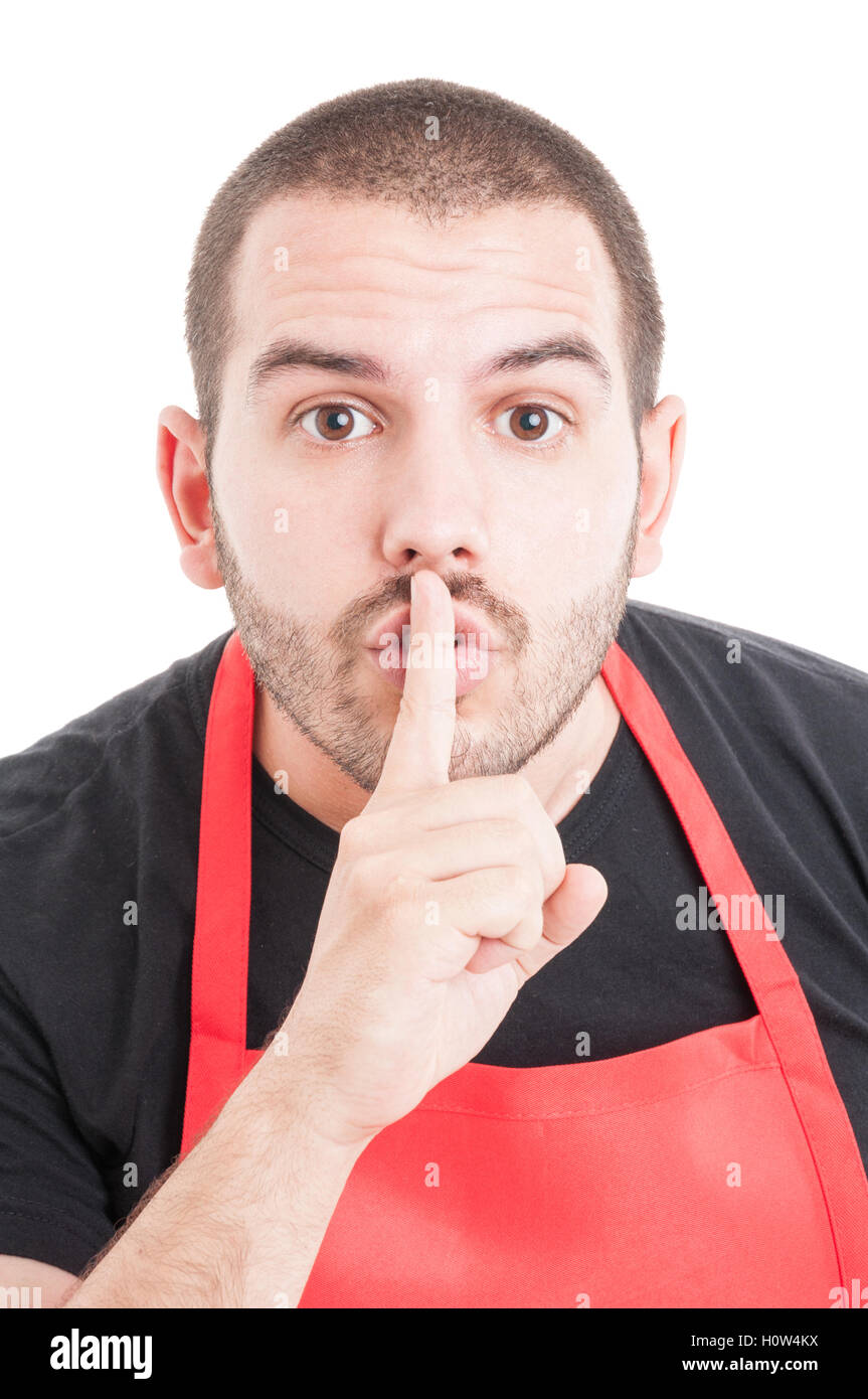 Closeup portrait of male employee shushing or telling to be quiet ...