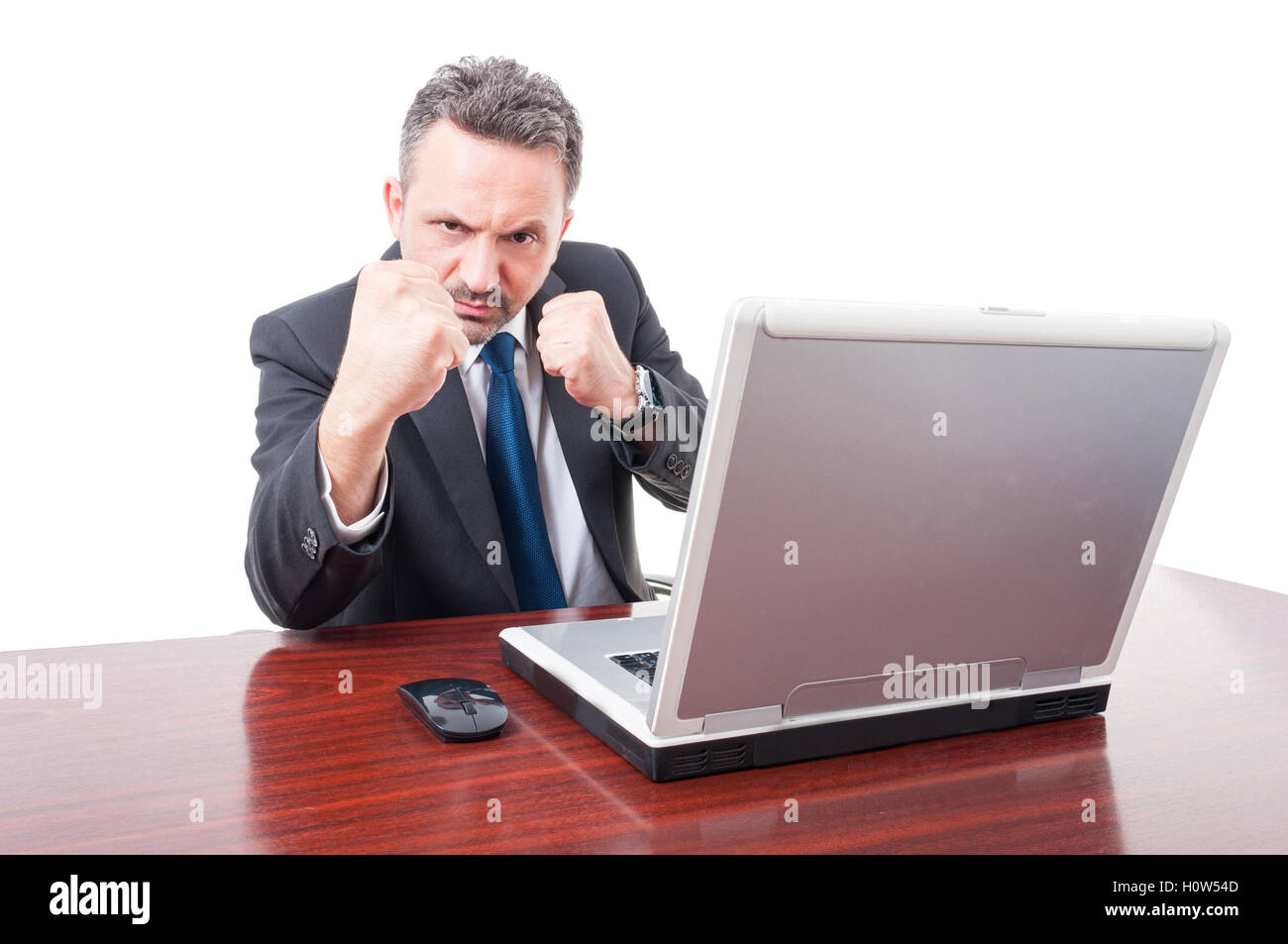Mad stock broker showing fists as fight and violence concept isolated ...