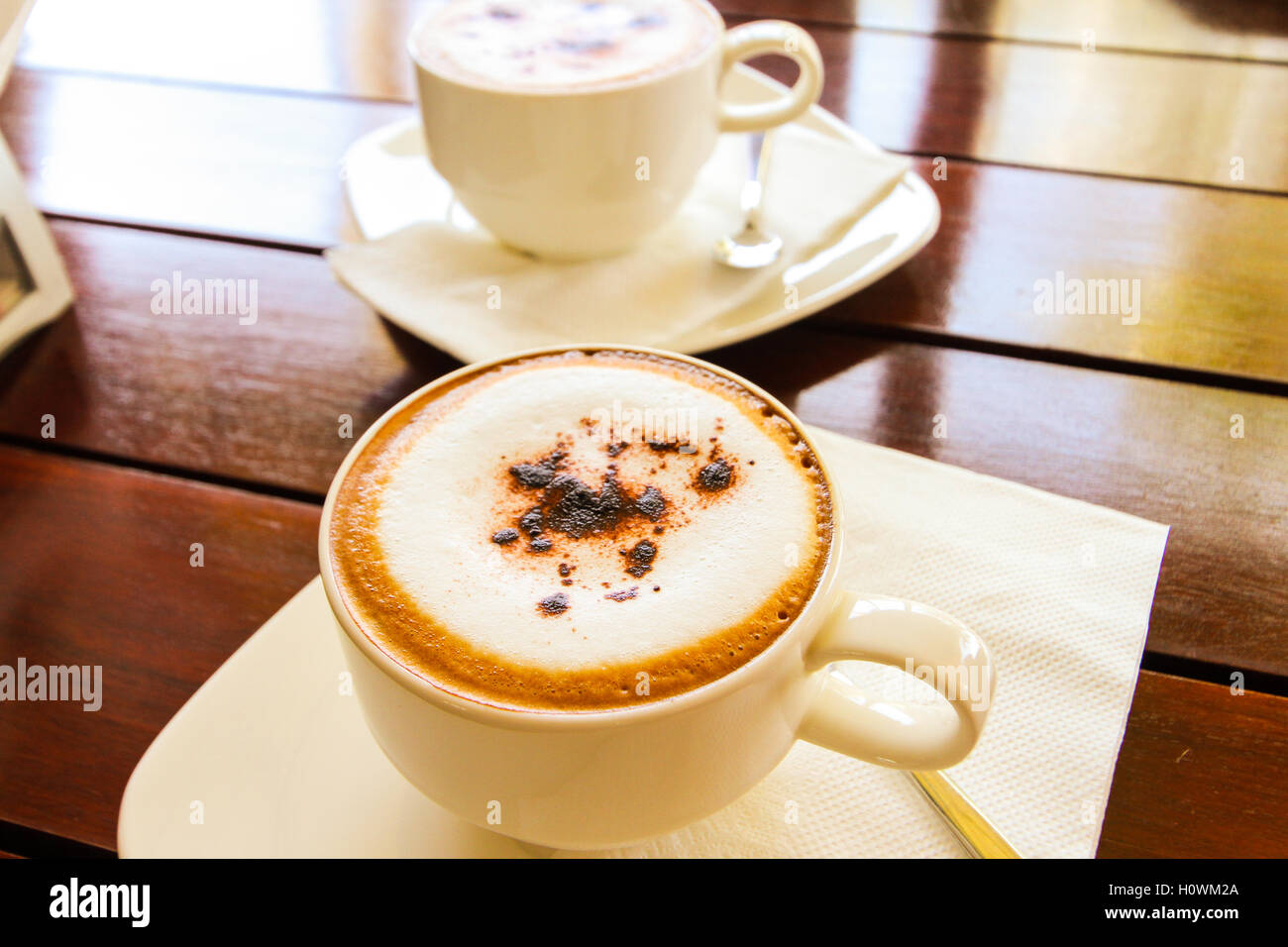 cup of coffee on wooden table, Top view a cup of coffee Stock Photo - Alamy