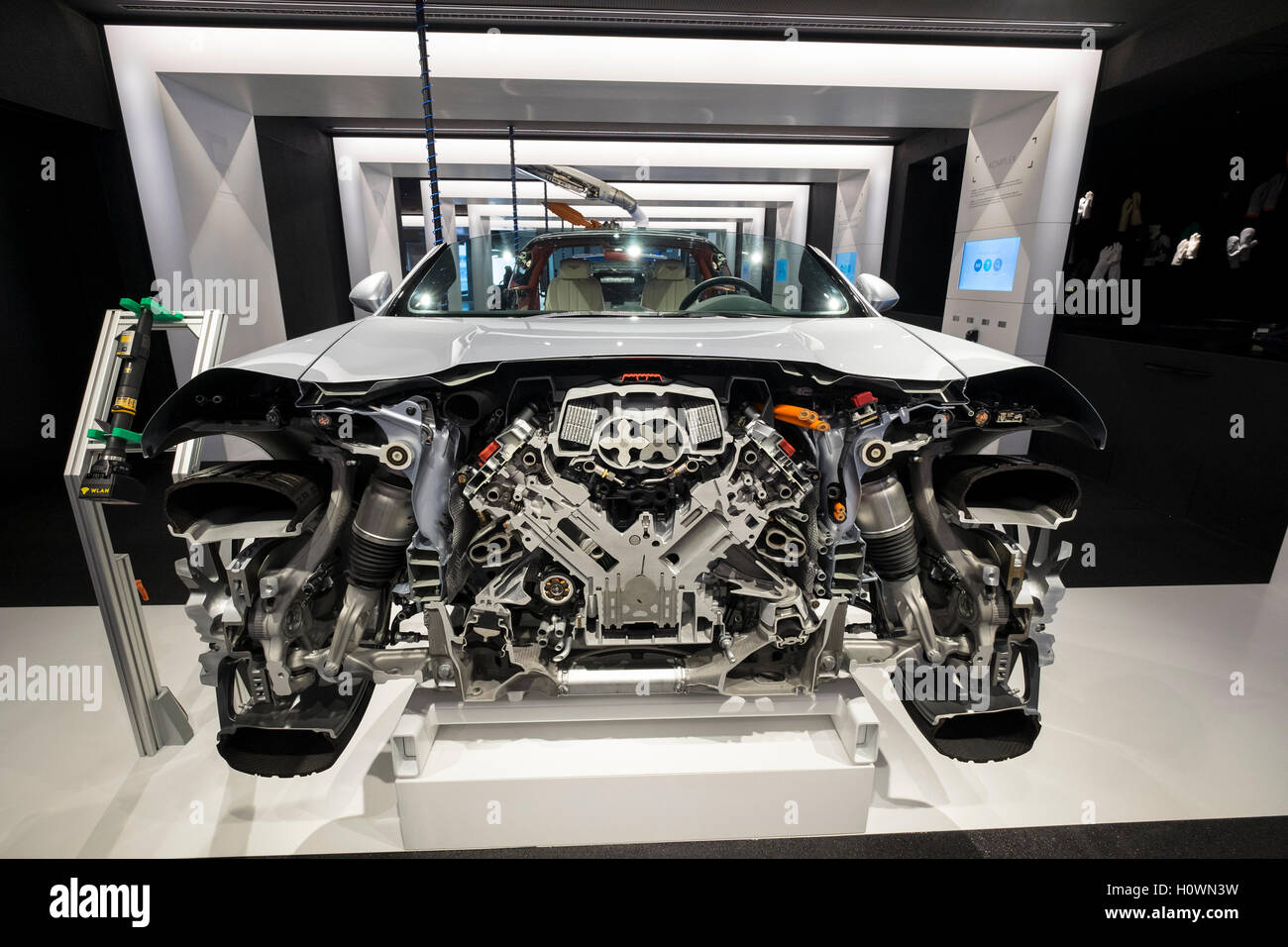 Display of modern car manufacture and assembly production line at VW ...