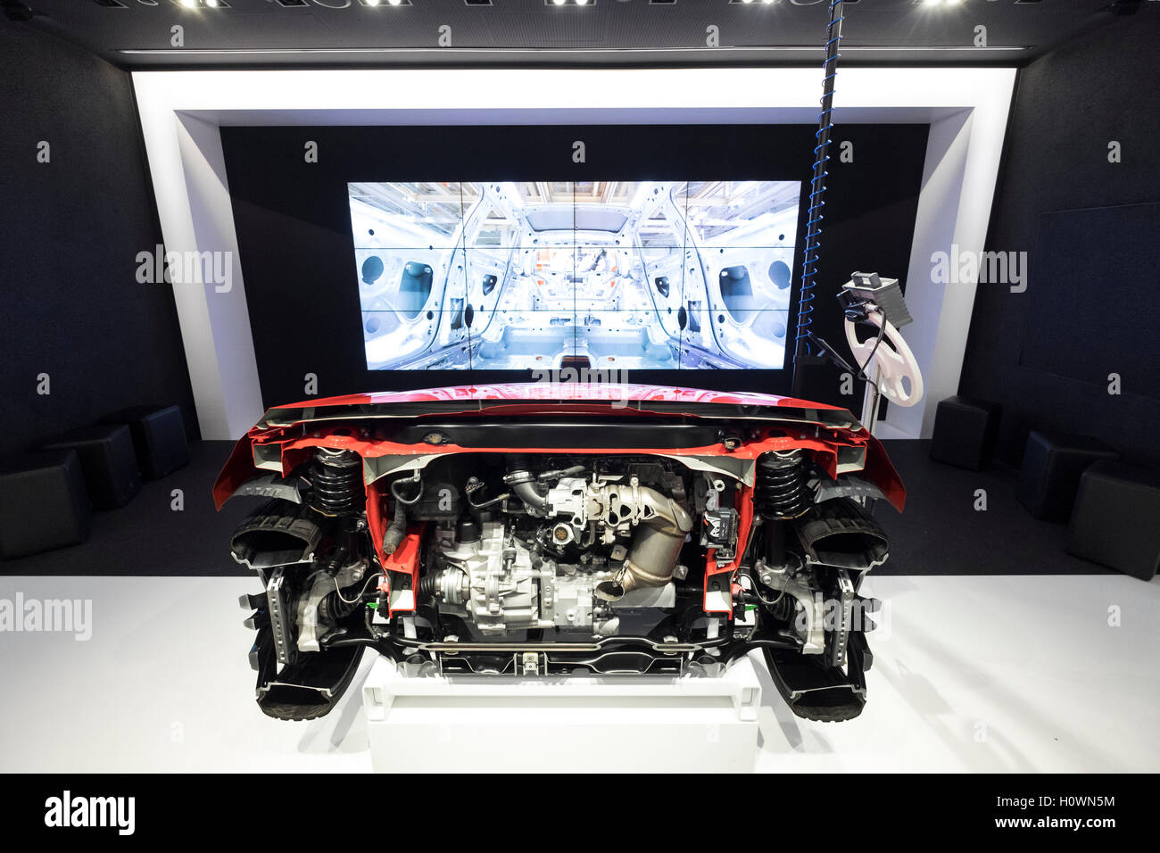 Display of modern car manufacture and assembly production line at VW ...