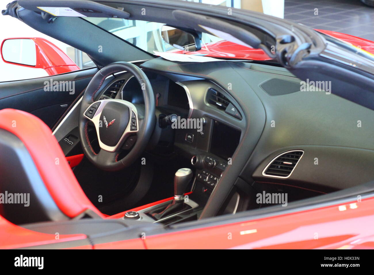 close-up view of interior cockpit red chevy corvette Stock Photo - Alamy
