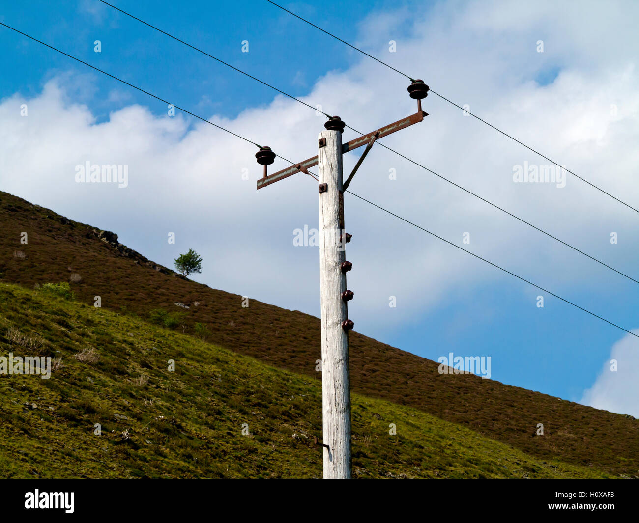 Electricity cables near Elan Valley reservoirs system Powys Wales UK ...