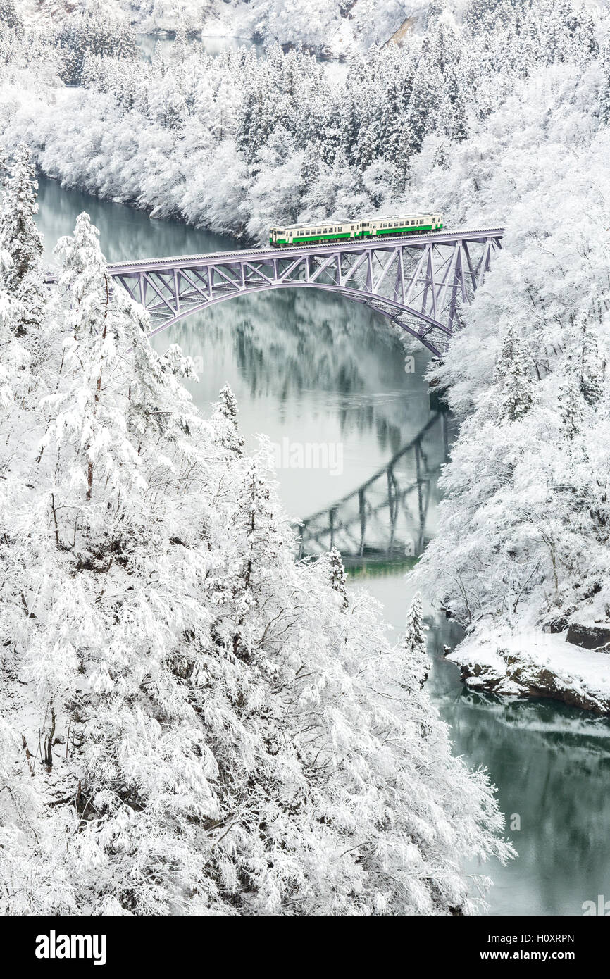 Winter landscape snow covered trees with train crossin River on Bridge ...