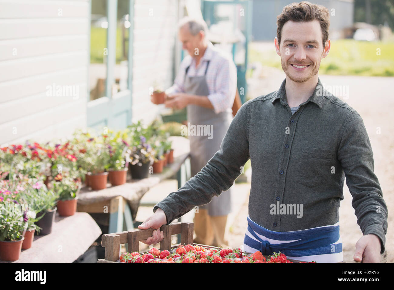 portrait farmer's market worker crate strawberry Stock Photo - Alamy