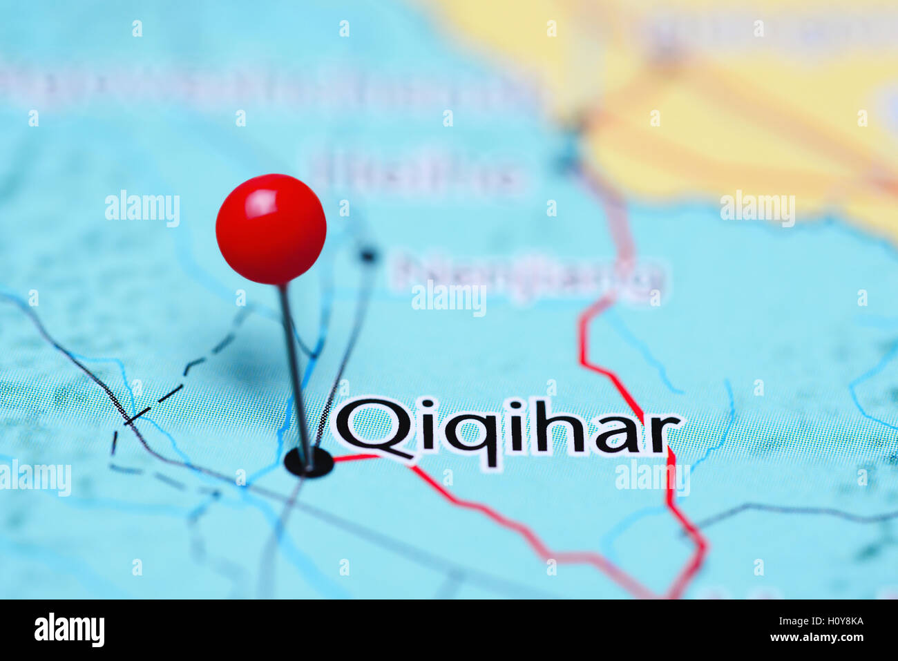 Qiqihar pinned on a map of China Stock Photo - Alamy