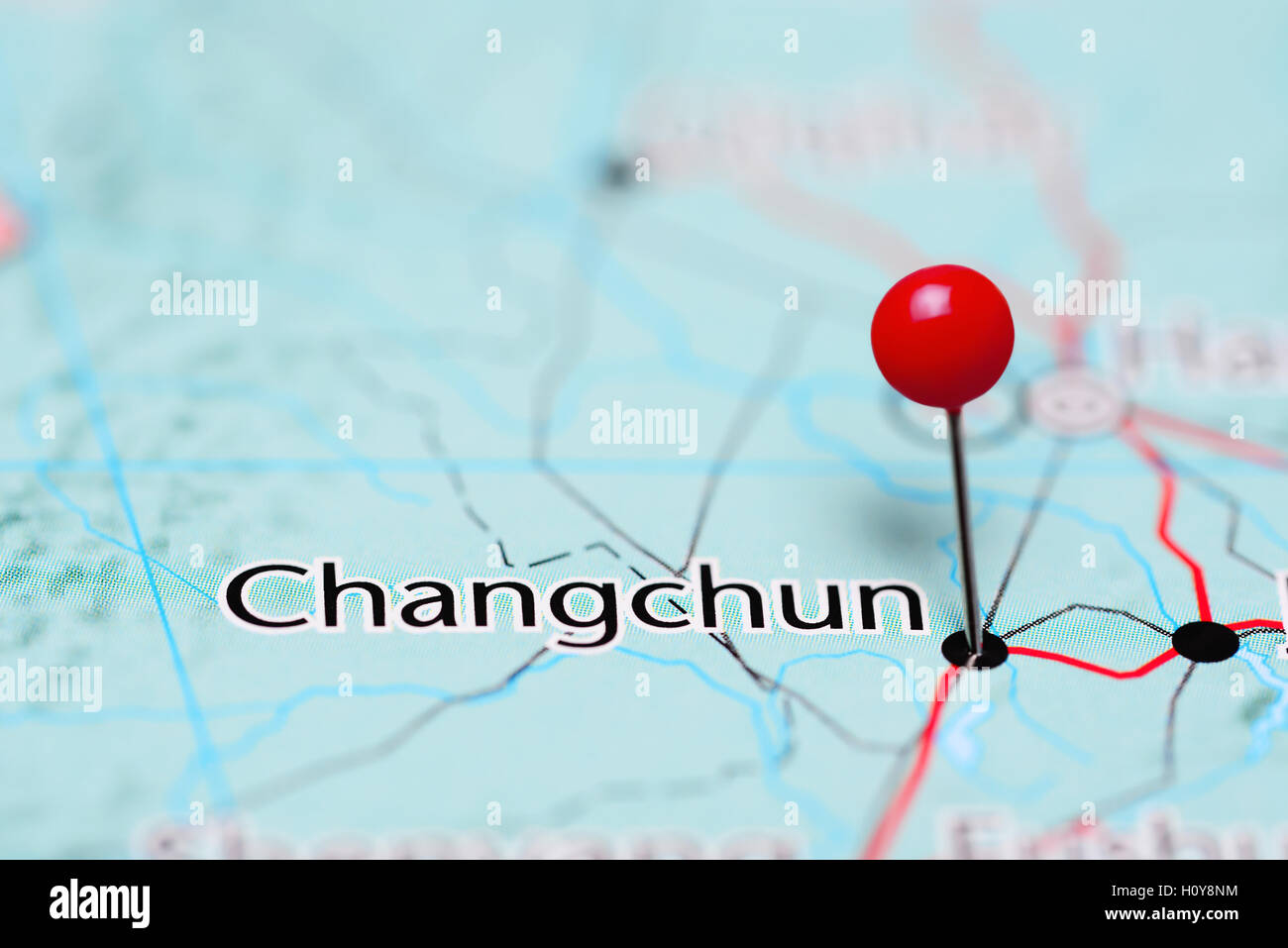 Changchun pinned on a map of China Stock Photo - Alamy
