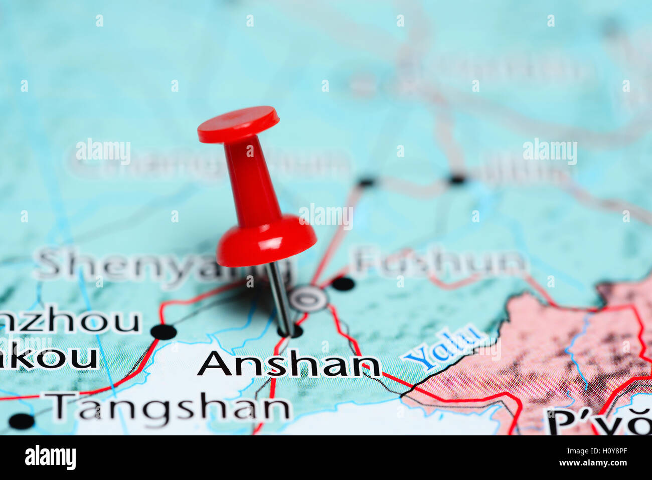 Anshan pinned on a map of China Stock Photo - Alamy