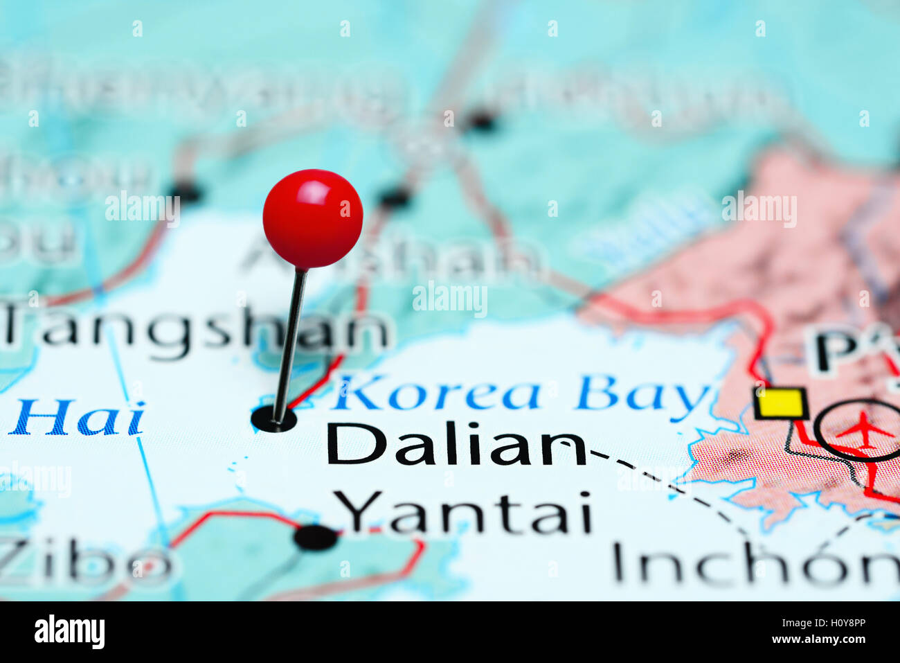 Dalian pinned on a map of China Stock Photo - Alamy
