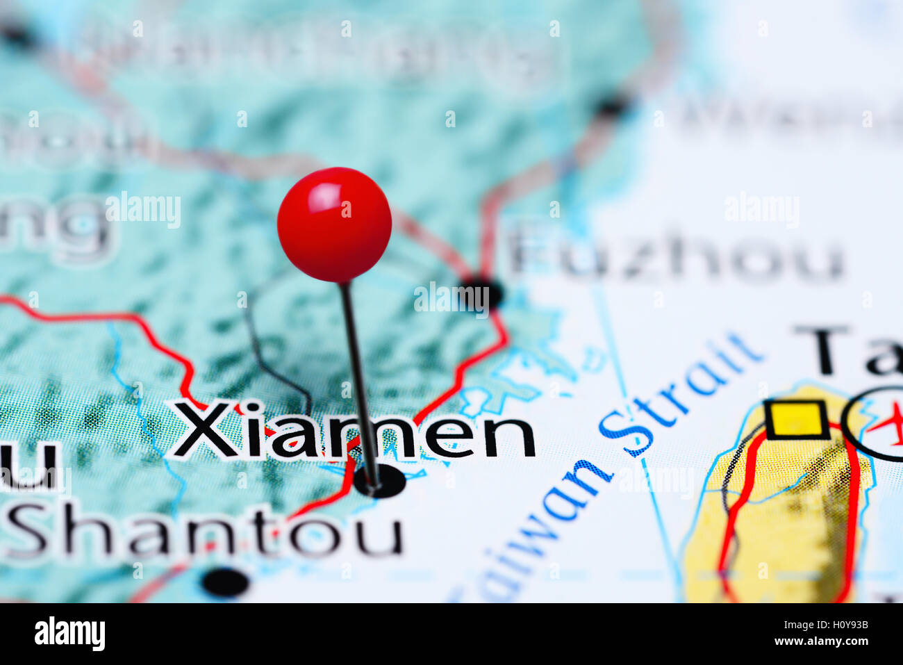 Xiamen pinned on a map of China Stock Photo - Alamy