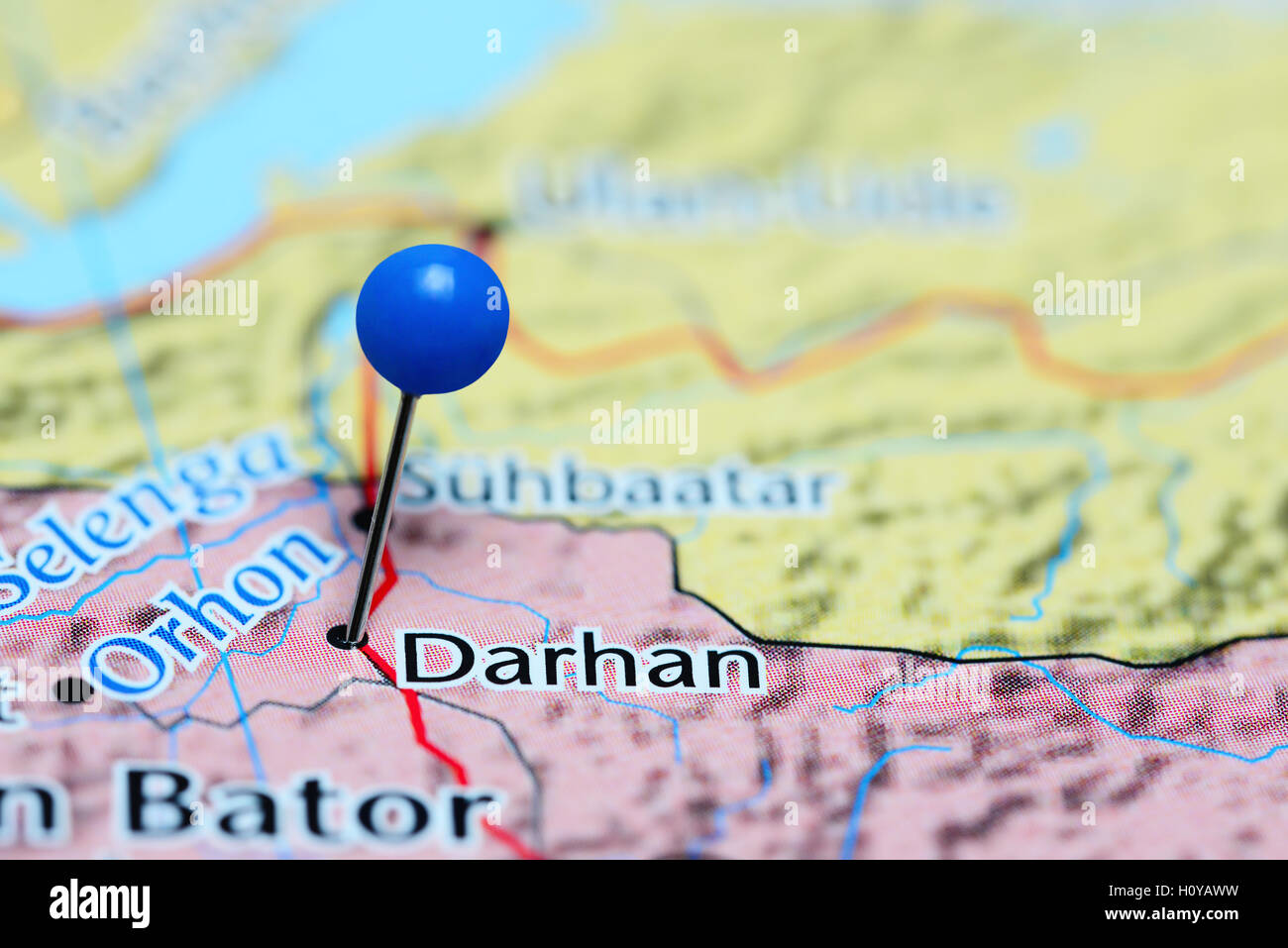 Darhan pinned on a map of Mongolia Stock Photo - Alamy
