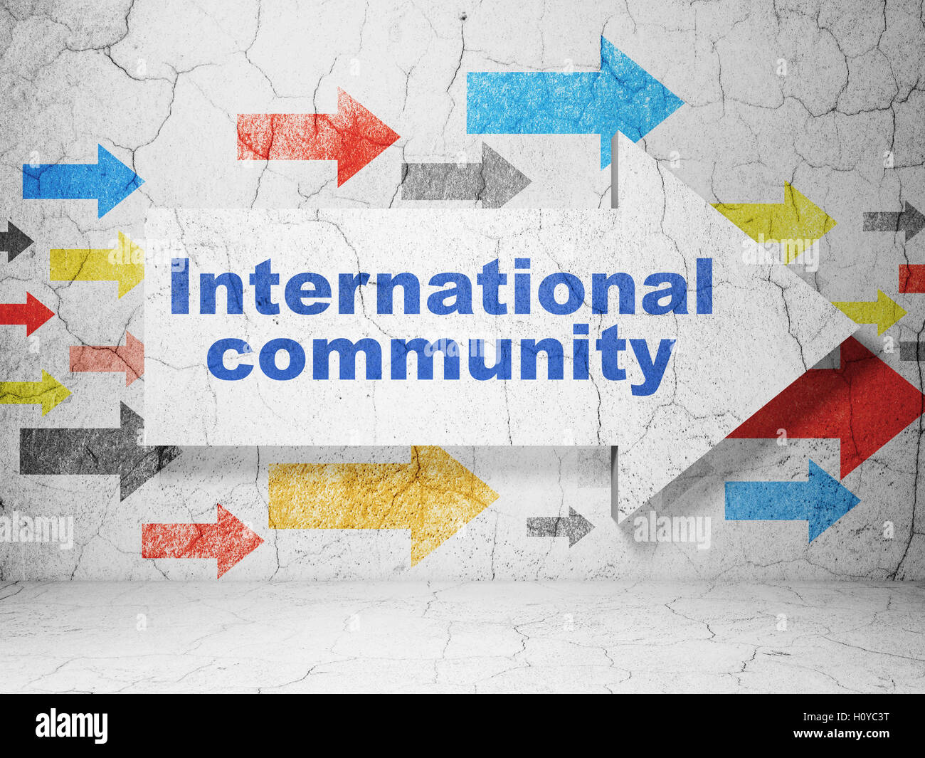 Political concept: arrow with International Community on grunge wall ...
