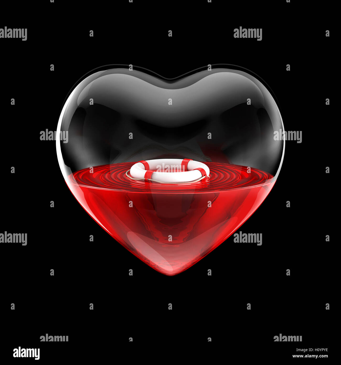 Heart in need of rescue / 3D illustration of glass heart with life ring ...