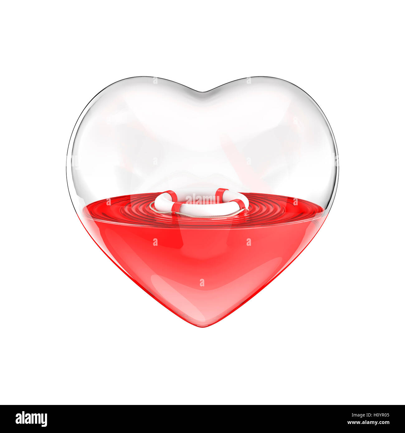 Heart in need of rescue / 3D illustration of glass heart with life ring ...