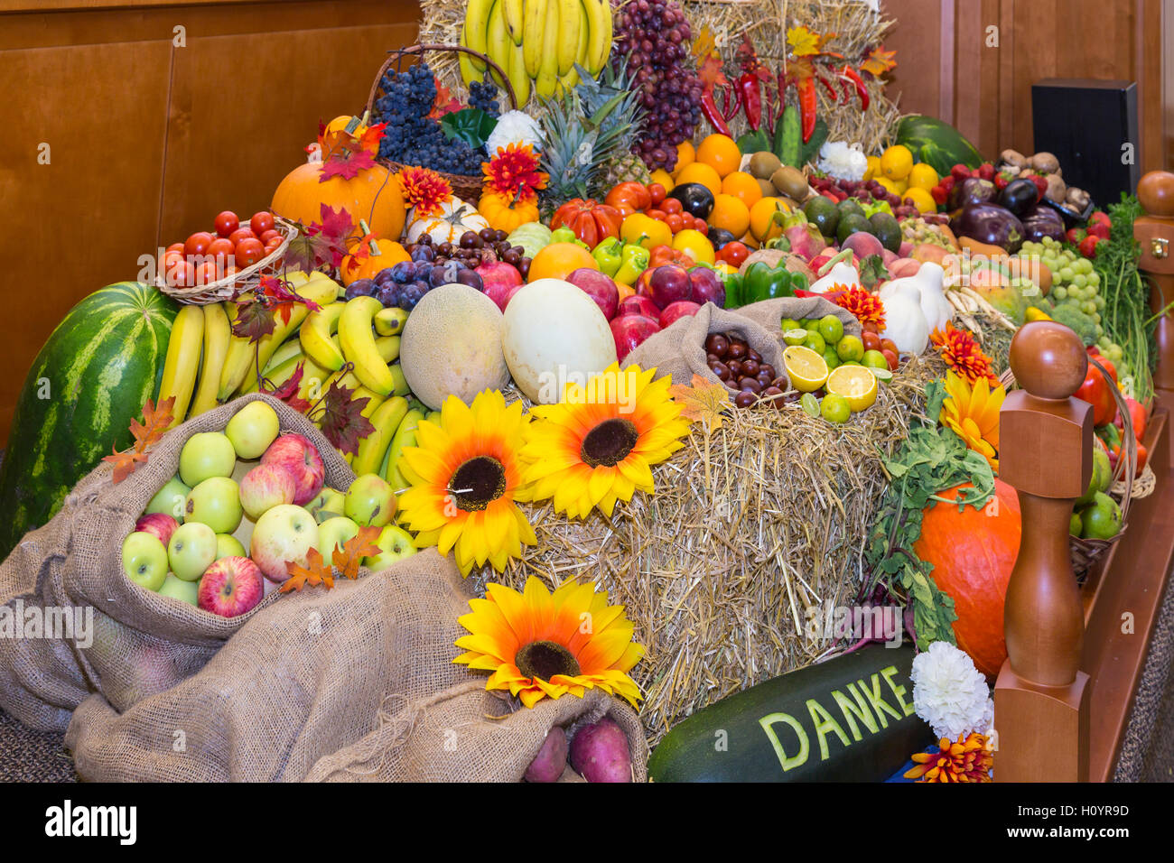 A thanksgiving autumn display at a German Church near Winkler, Manitoba ...