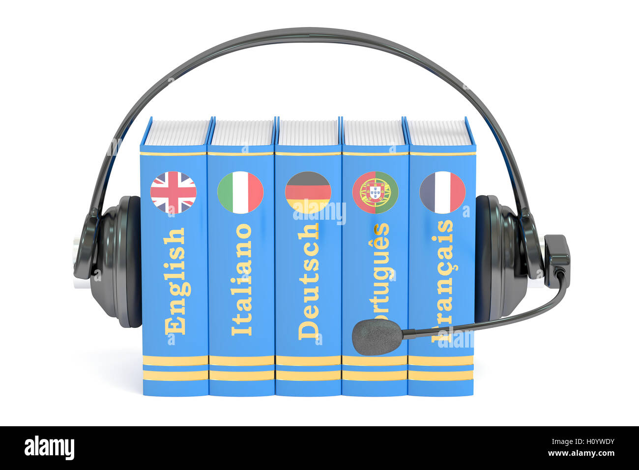 Headset and books, languages learning and translate concept. 3D ...