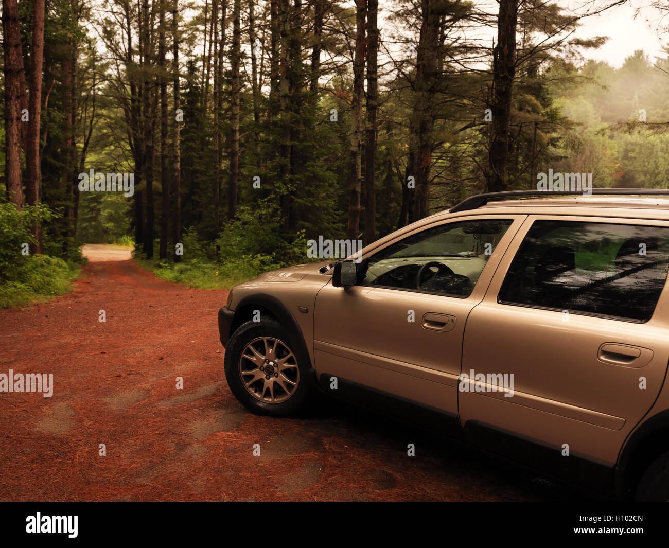 Volvo XC70 Car on an unpaved road in a stormy misty weather the nature ...