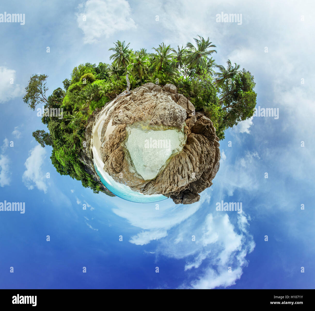 Little planet panorama on white sandy beach Stock Photo - Alamy