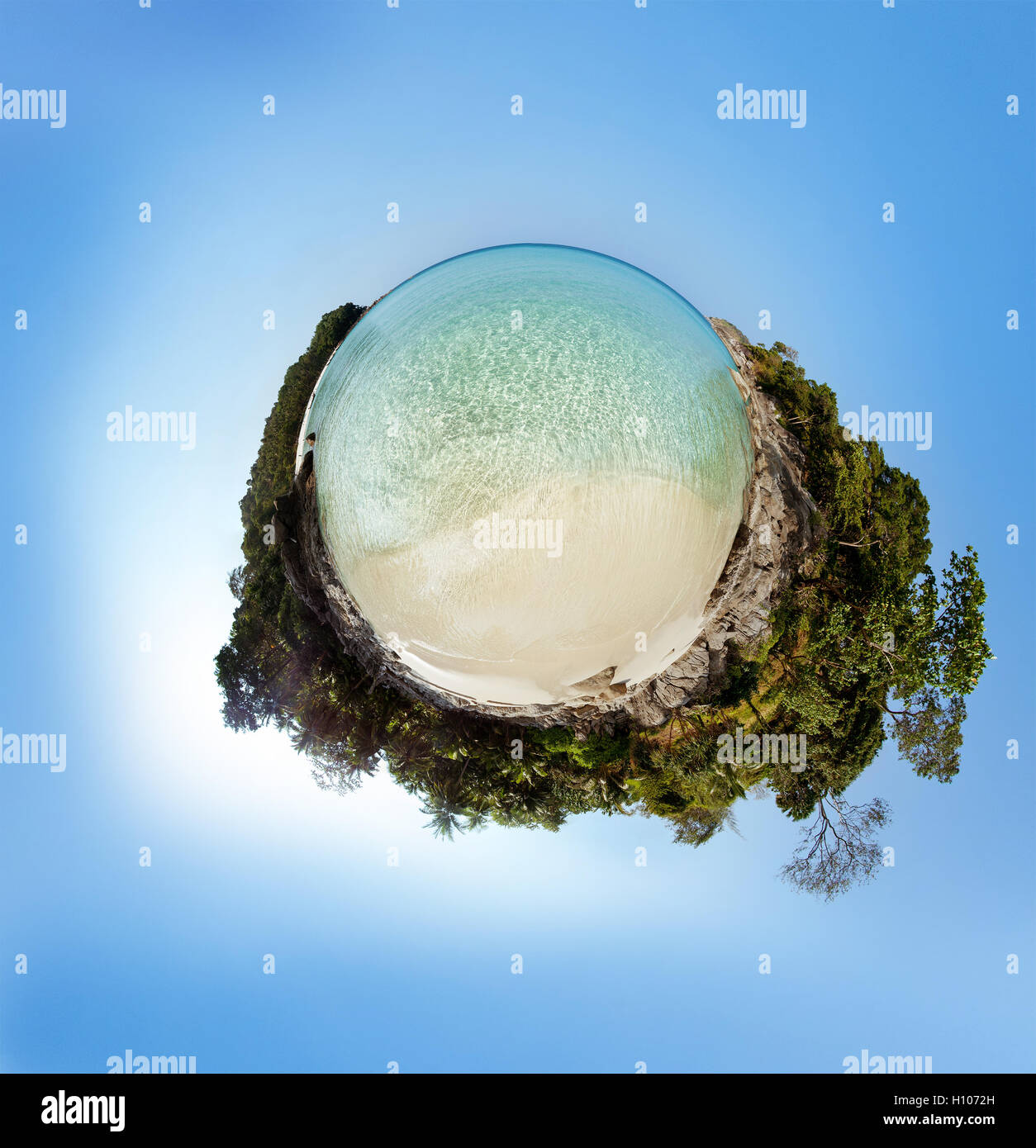 Little planet panorama on white sandy beach Stock Photo - Alamy