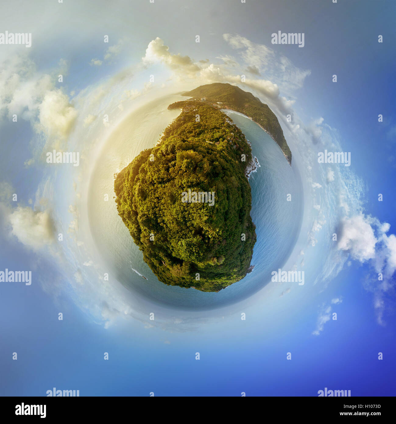 Little planet panorama on white sandy beach Stock Photo - Alamy