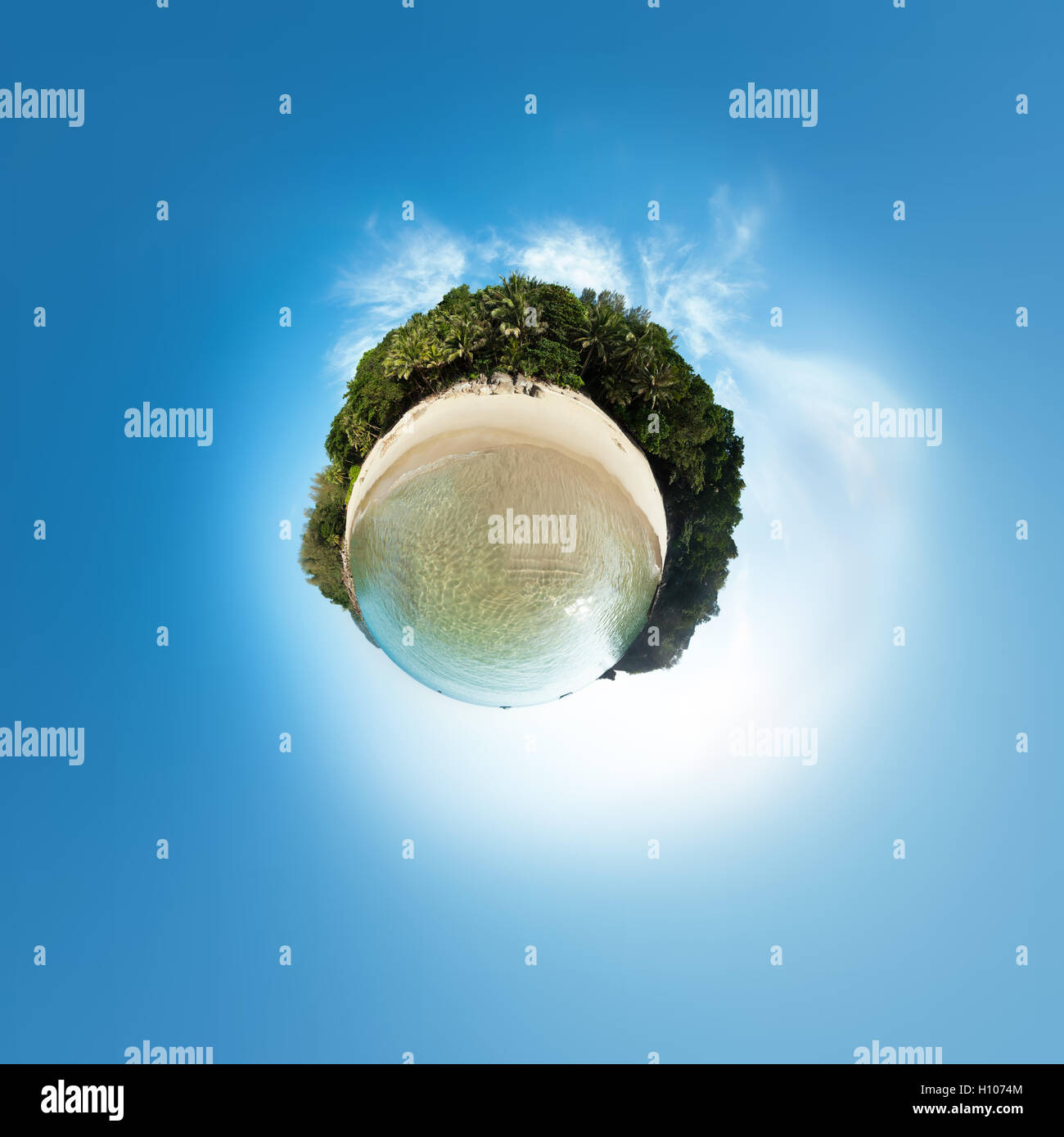 Little planet panorama on white sandy beach Stock Photo - Alamy