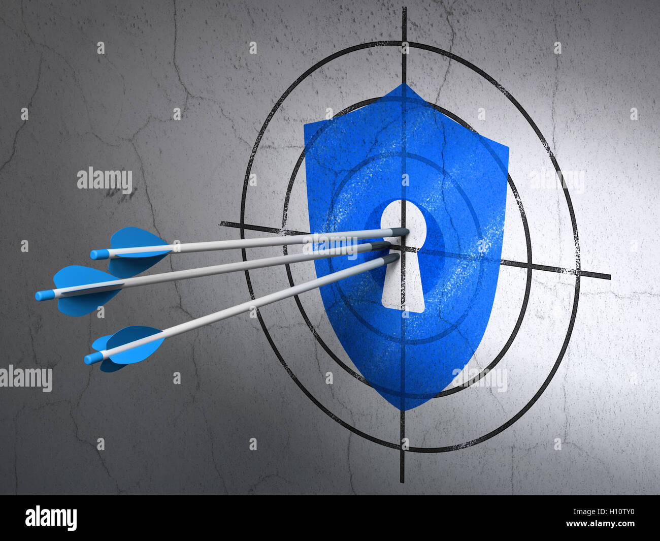 Safety concept: arrows in Shield With Keyhole target on wall background ...