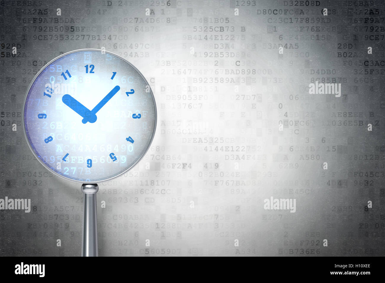 Timeline concept: Clock with optical glass on digital background Stock ...