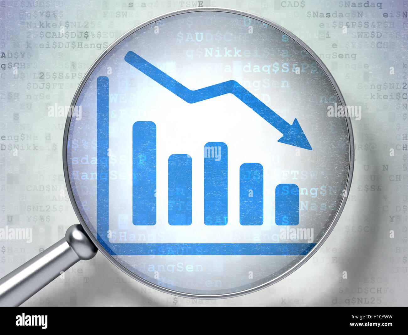 Finance concept: Decline Graph with optical glass on digital background ...
