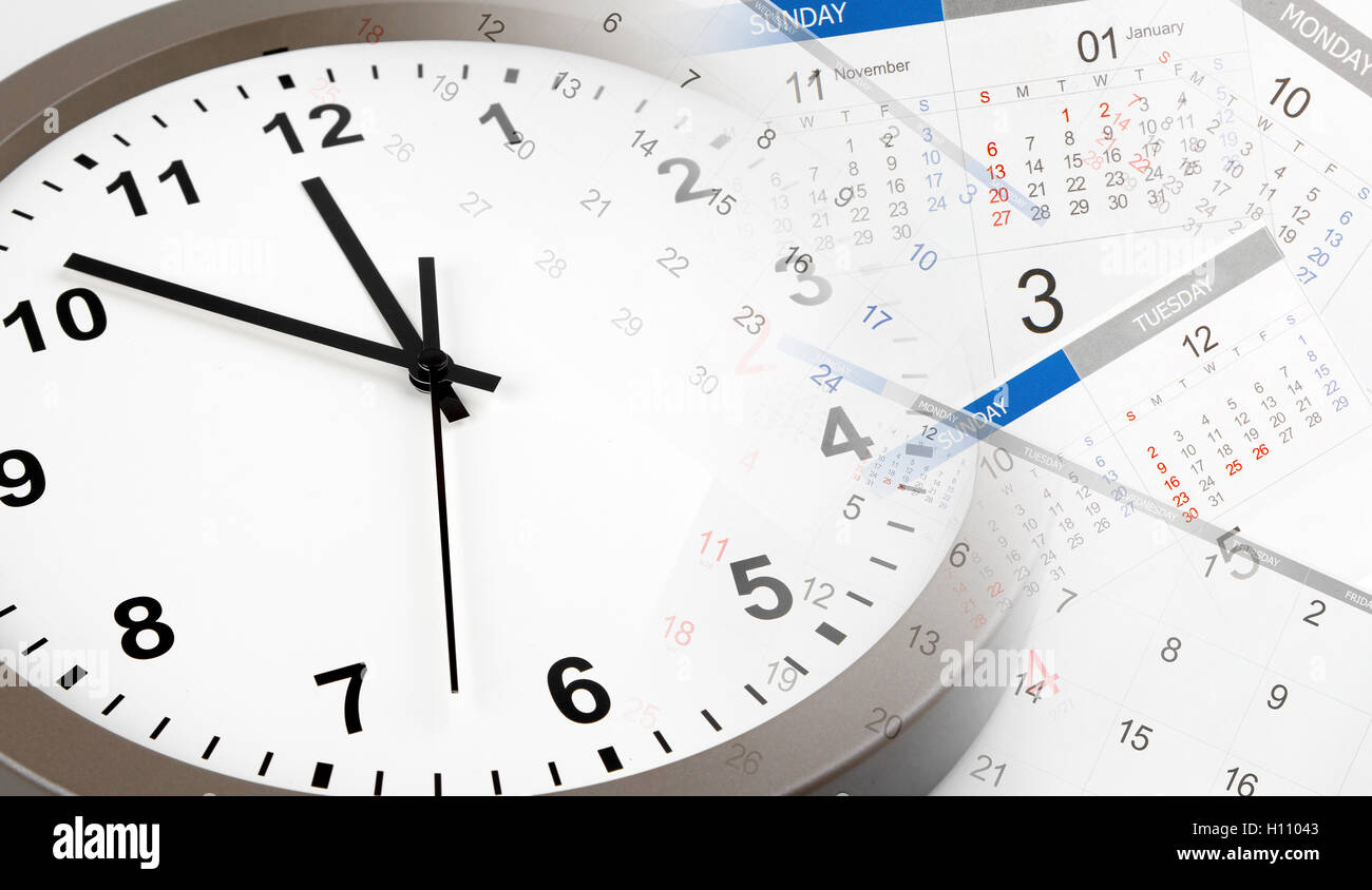 Clock face and calendars composite Stock Photo - Alamy