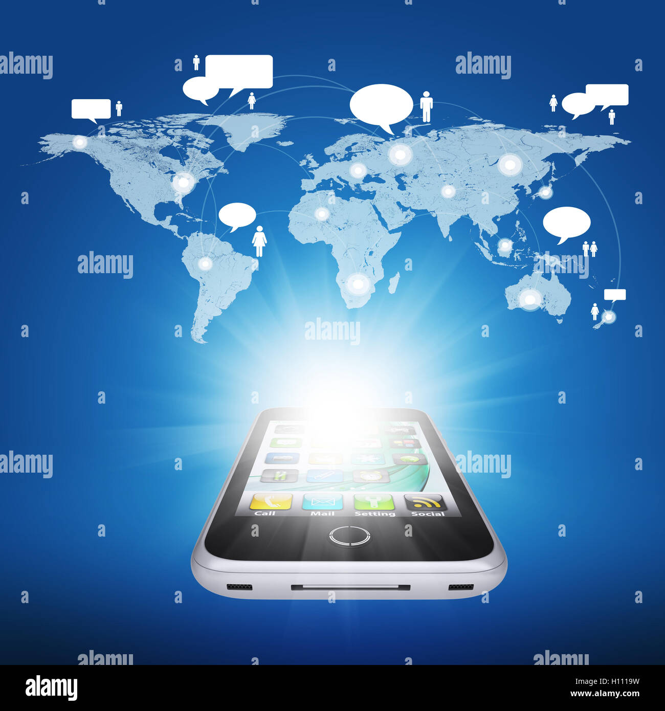 Smartphone and world map with contacts Stock Photo - Alamy