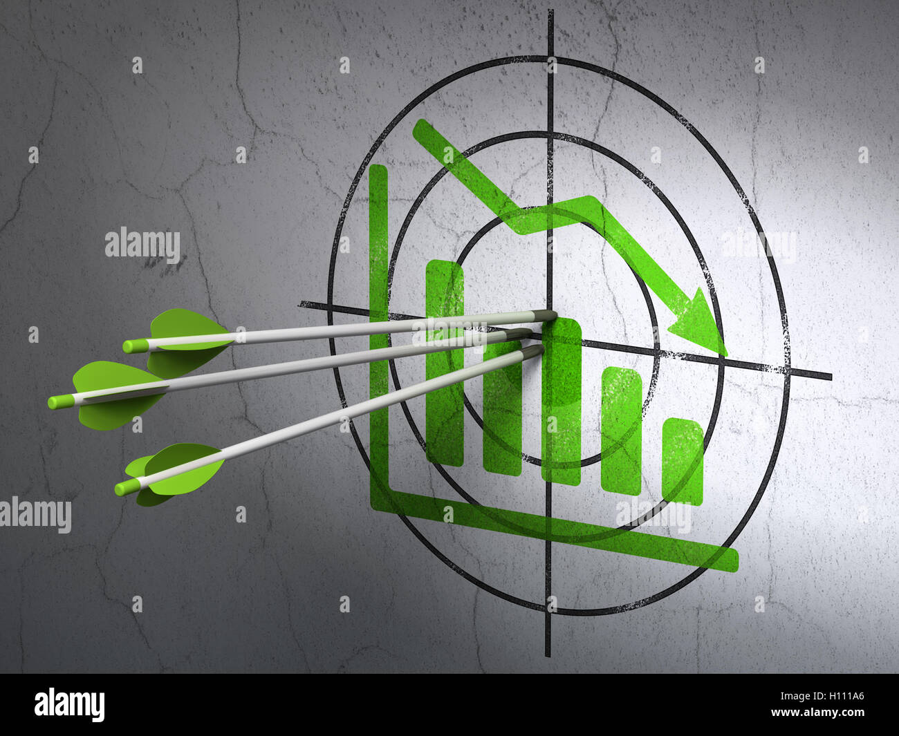 News concept: arrows in Decline Graph target on wall background Stock ...
