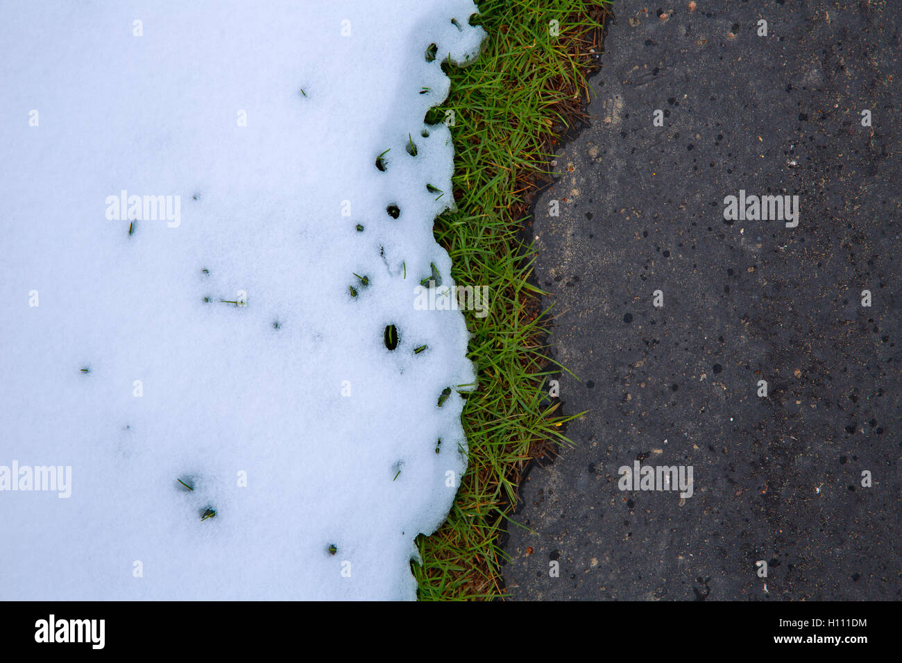 Snow in road with turf grass line Stock Photo - Alamy