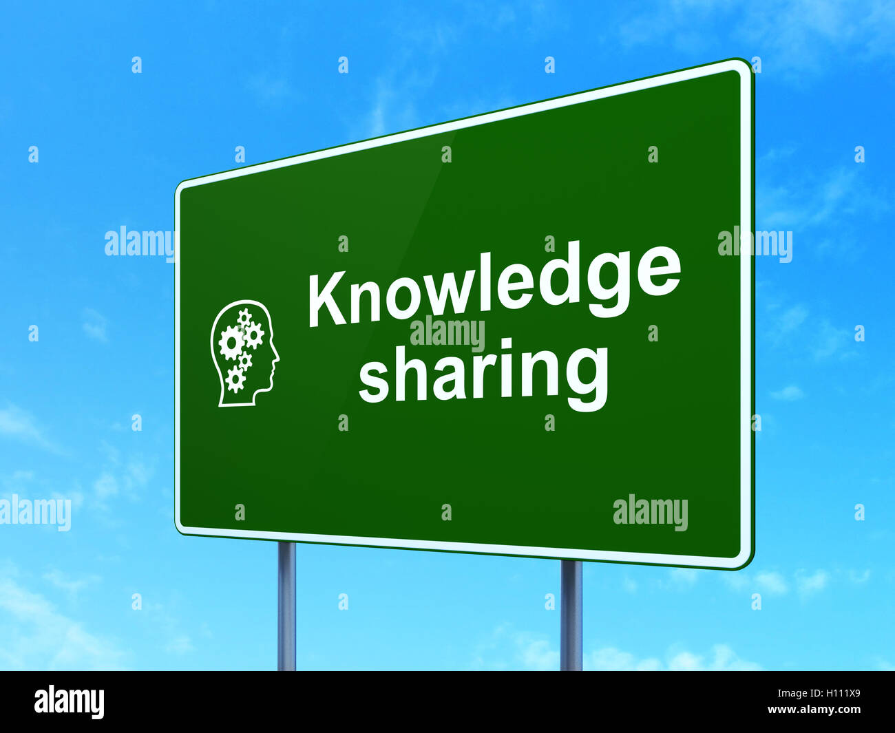 Education concept: Knowledge Sharing and Head With Gears on road sign ...