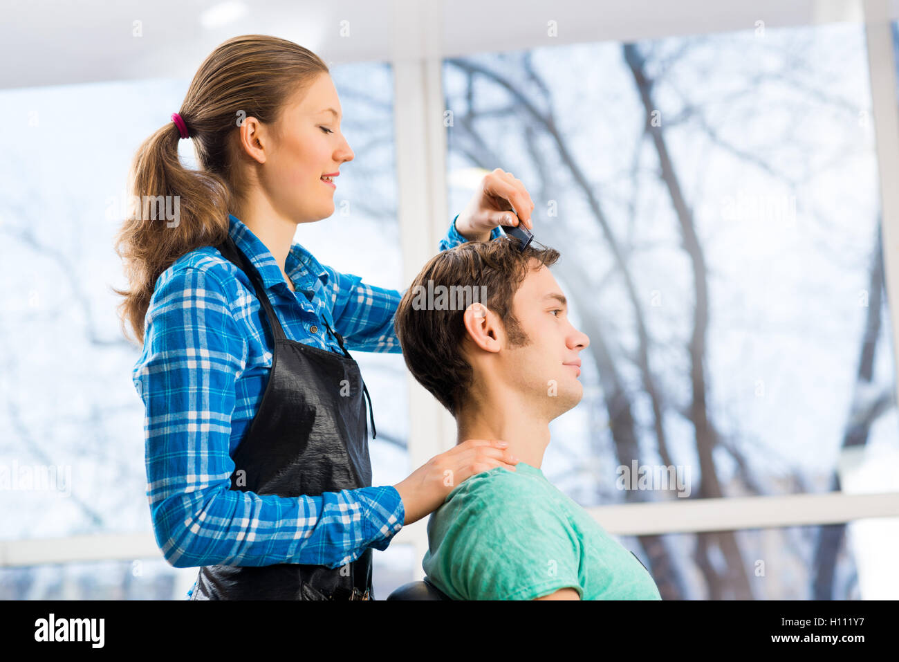 hairdresser and client Stock Photo - Alamy
