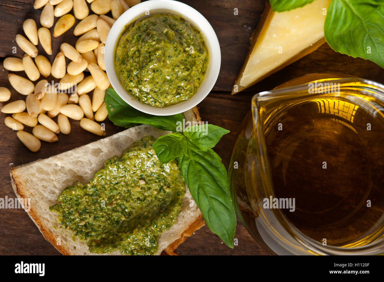 Italian basil pesto bruschetta ingredients Stock Photo - Alamy