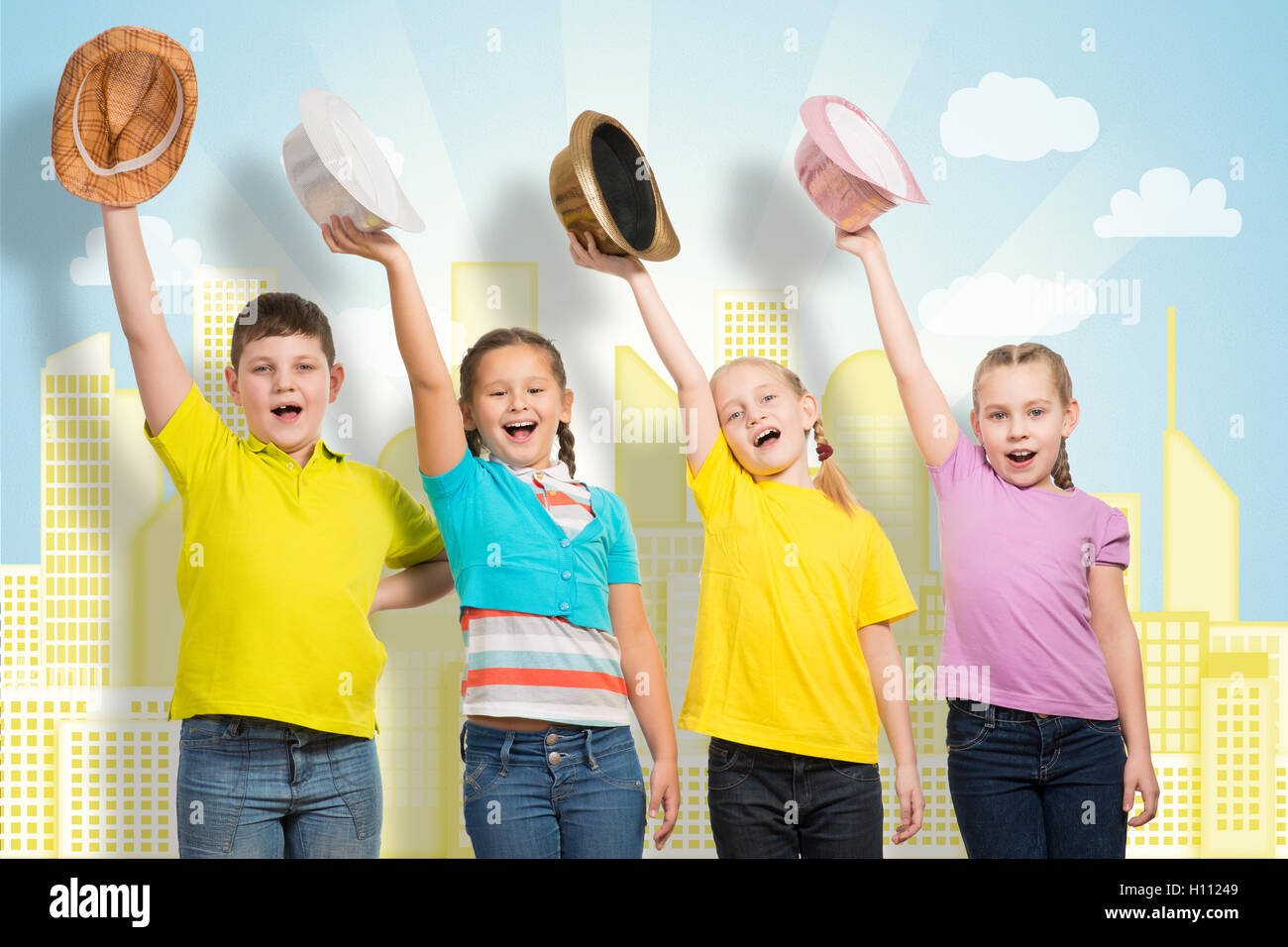children in a row, wearing a hat Stock Photo - Alamy