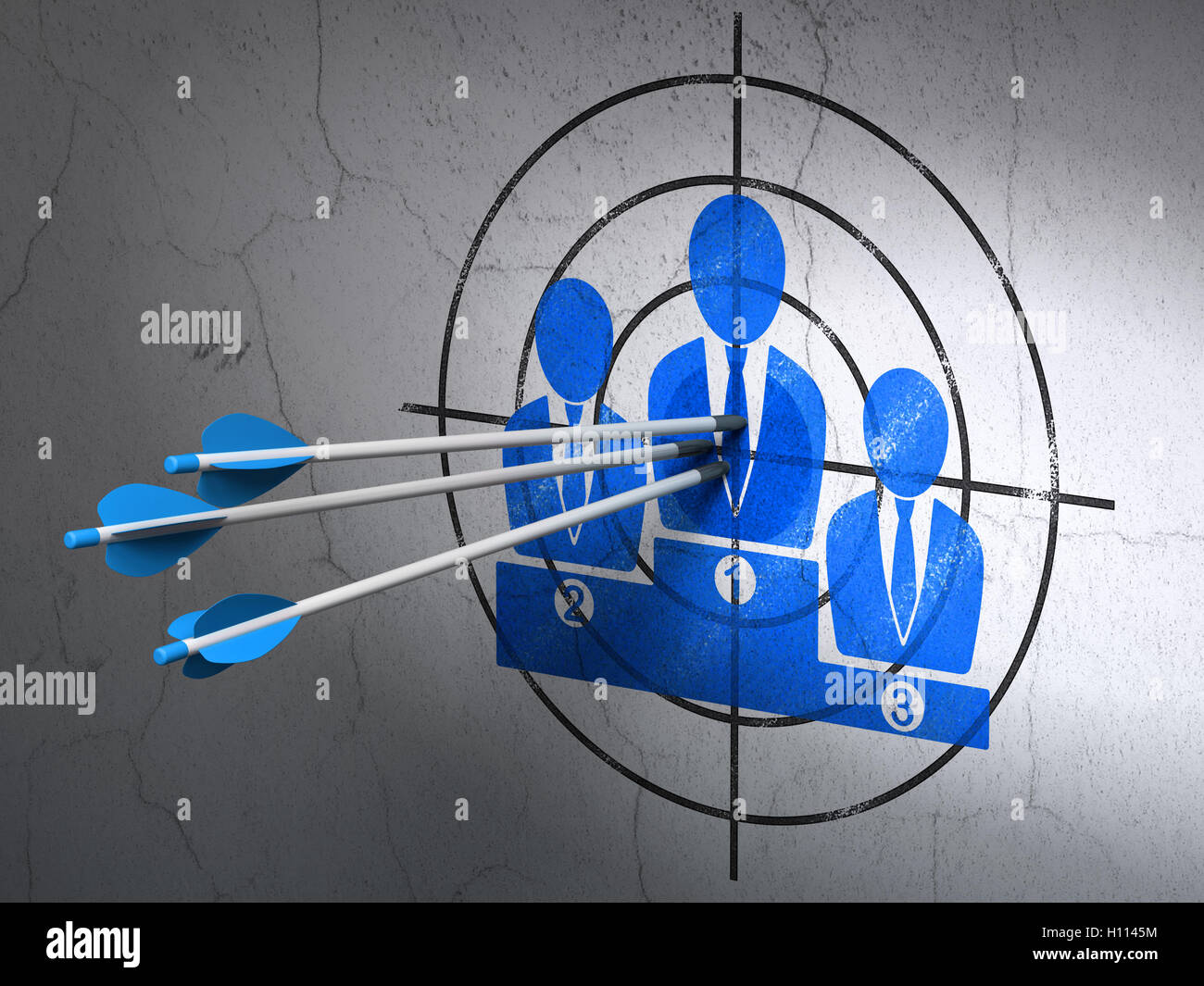 Marketing concept: arrows in Business Team target on wall background ...