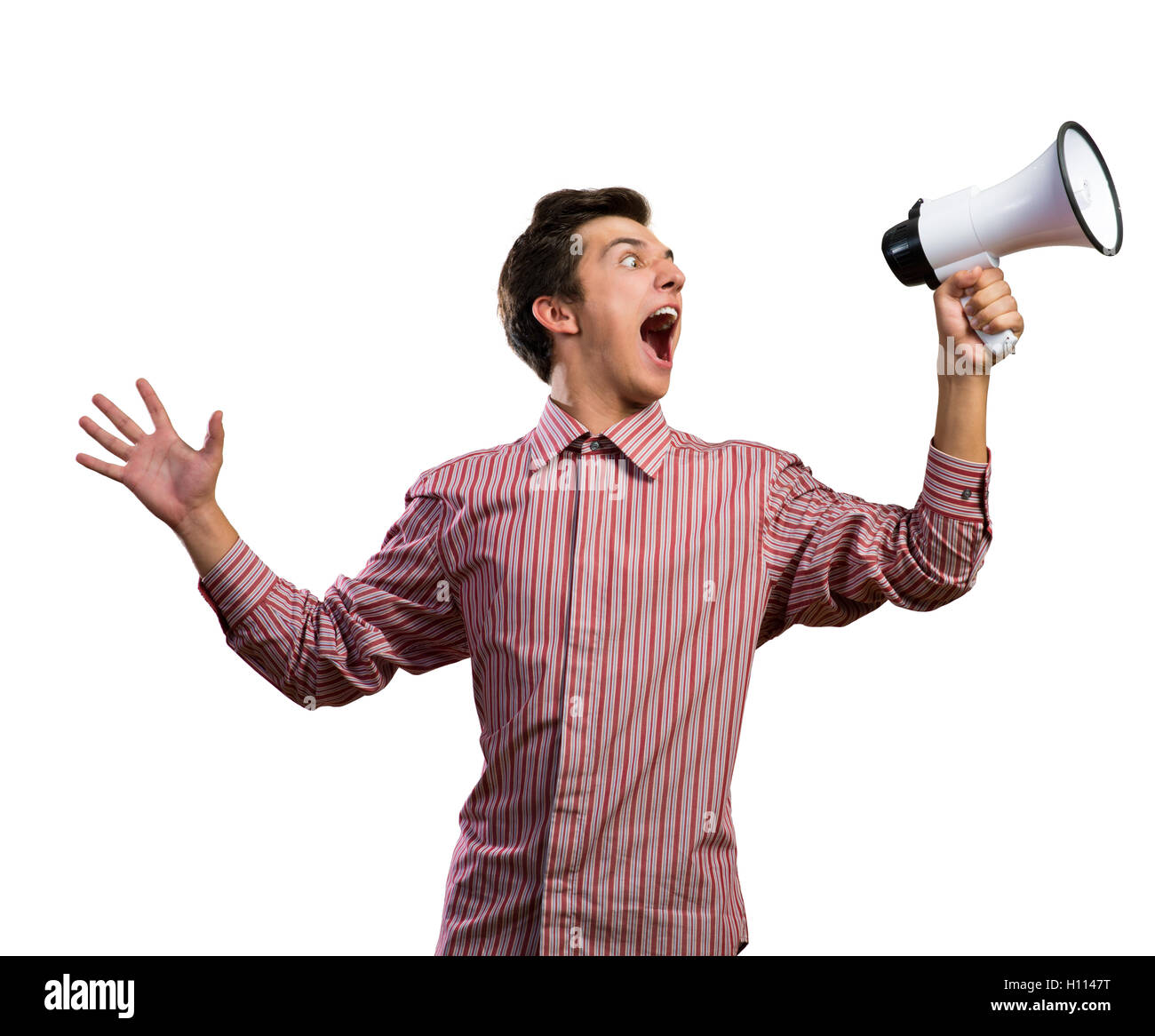 man yells into a megaphone Stock Photo - Alamy