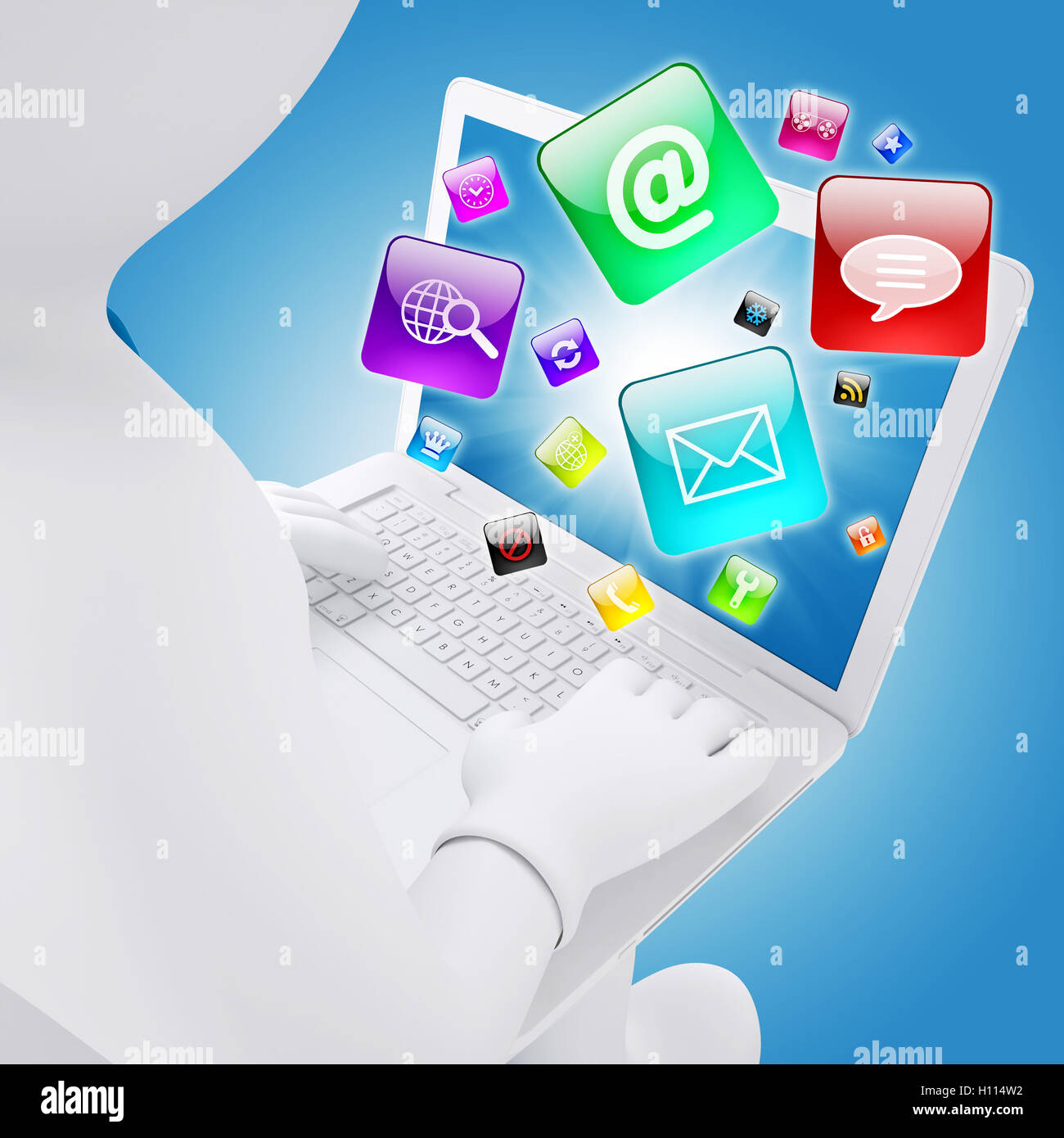 3d white man sitting with a laptop Stock Photo - Alamy